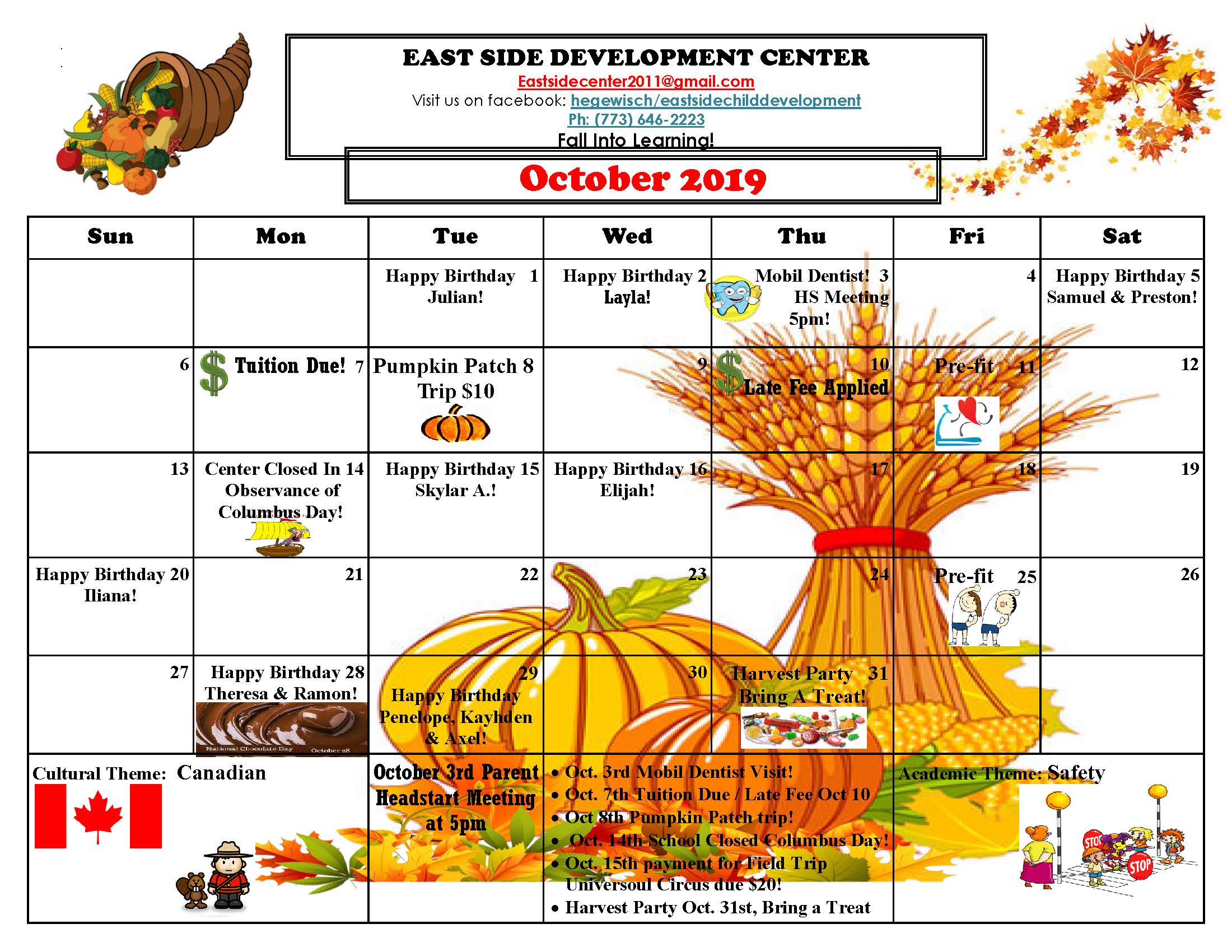October 2019 calendar – The Premier Child Care Centers | Near The Pier ...